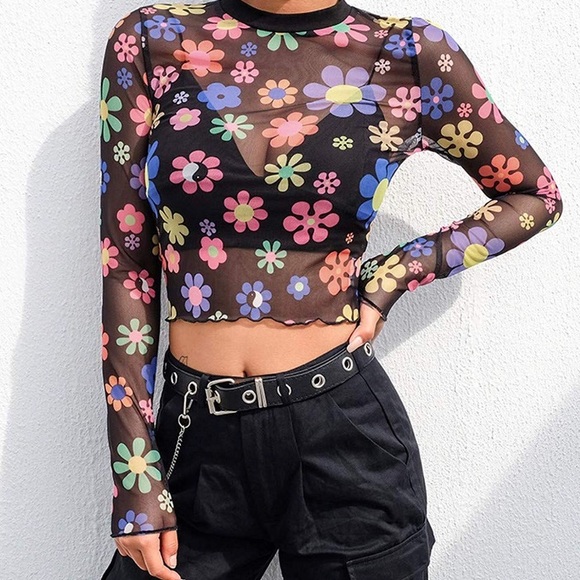 Tops | Long Sleeve Mesh Crop Top Retro Groovy Glowers | Poshmark